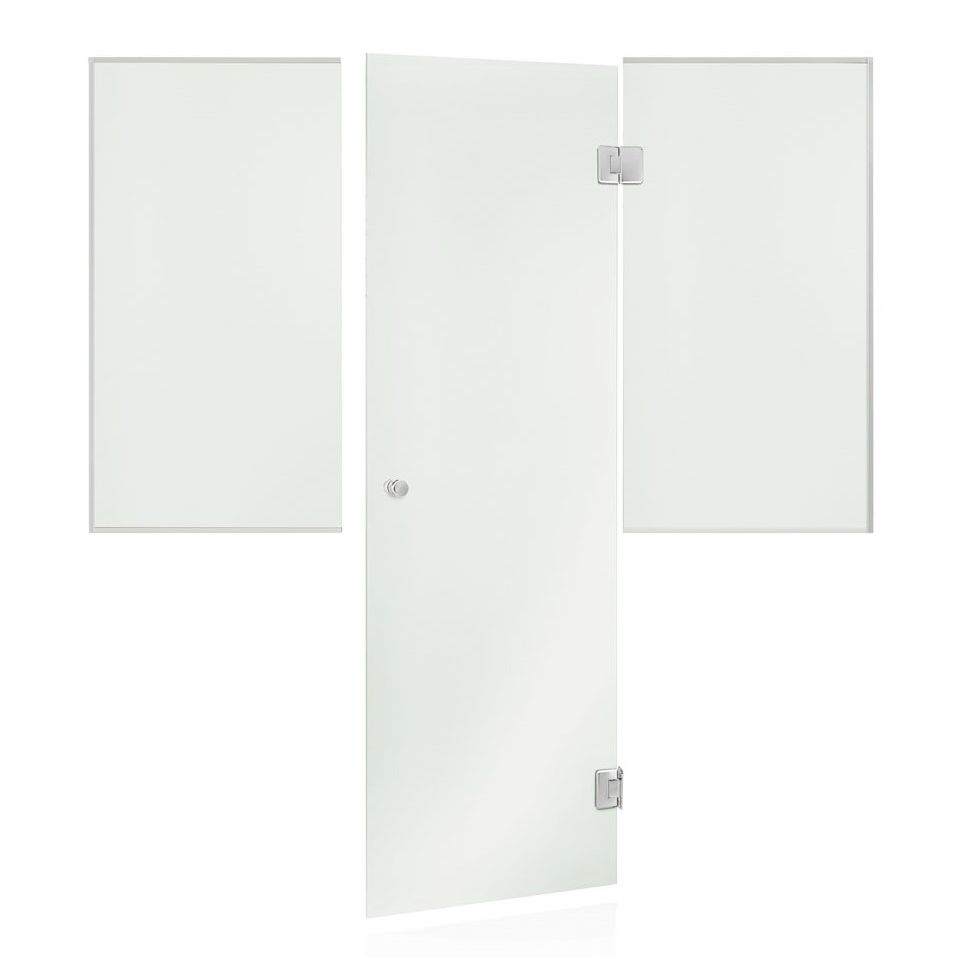 Saunan lasiseinä Andres Glass, ovi ja kaksi ikkunaa, saranat keskellä ...