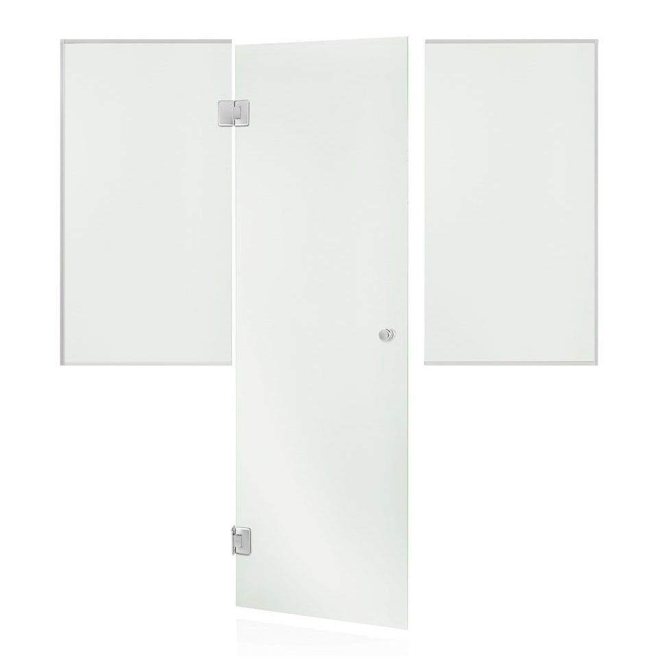 Saunan lasiseinä Andres Glass, ovi ja kaksi ikkunaa, saranat keskellä ...