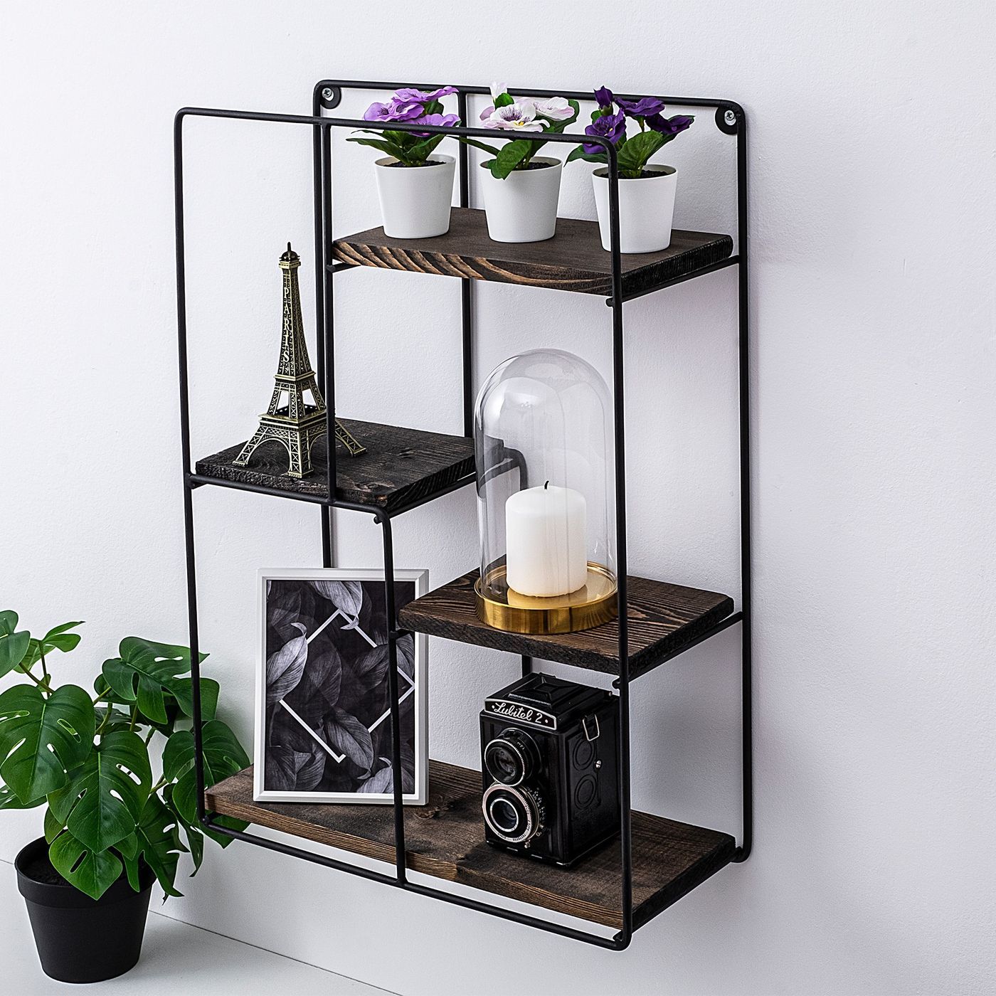 Puinen seinähylly Linento Furniture Lotus, 60x40x15cm, ruskea/musta
