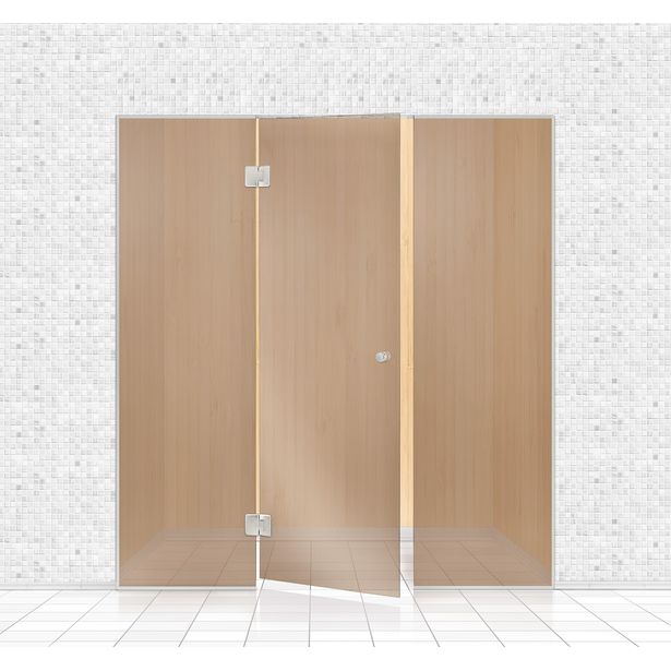 Saunan lasiseinä Andres Glass, ovi, kaksi korkeaa ikkunaa, saranat ...